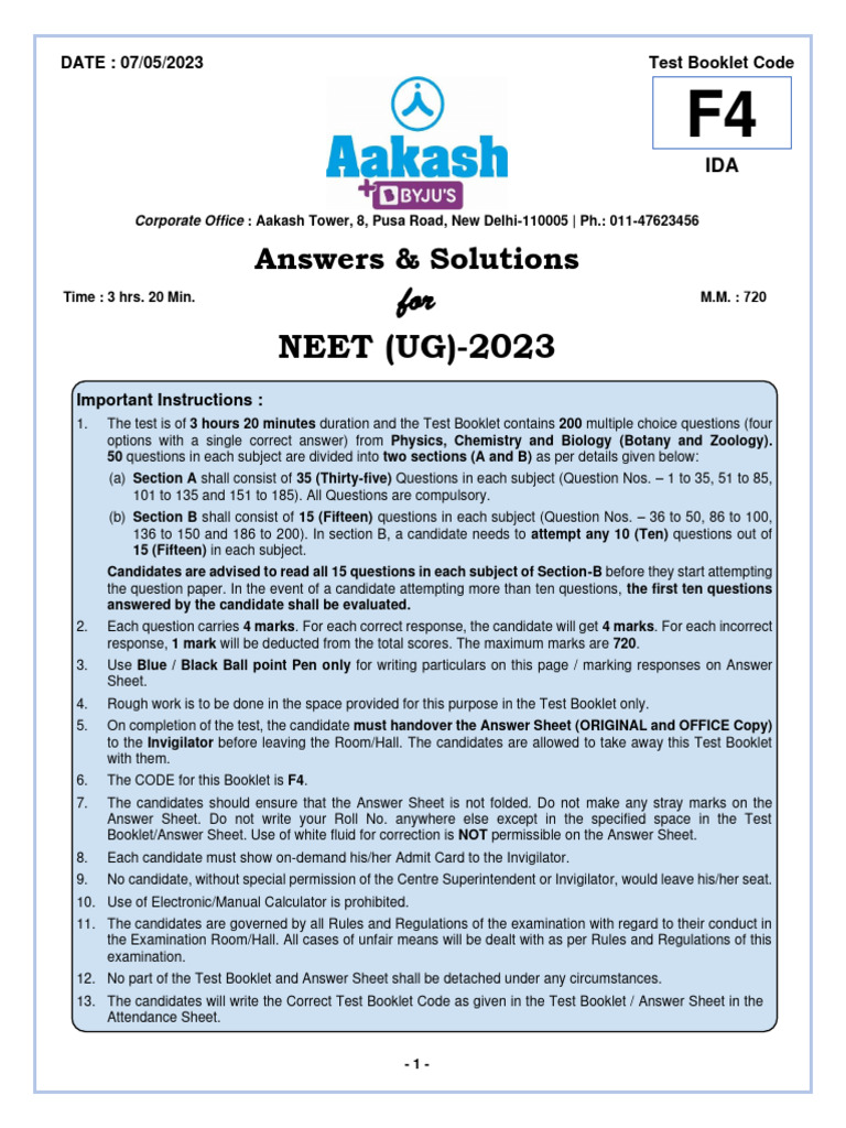 Answer Solution NEET-2023 (Code-F4) Final | PDF | Physical Quantities | Electrical Engineering