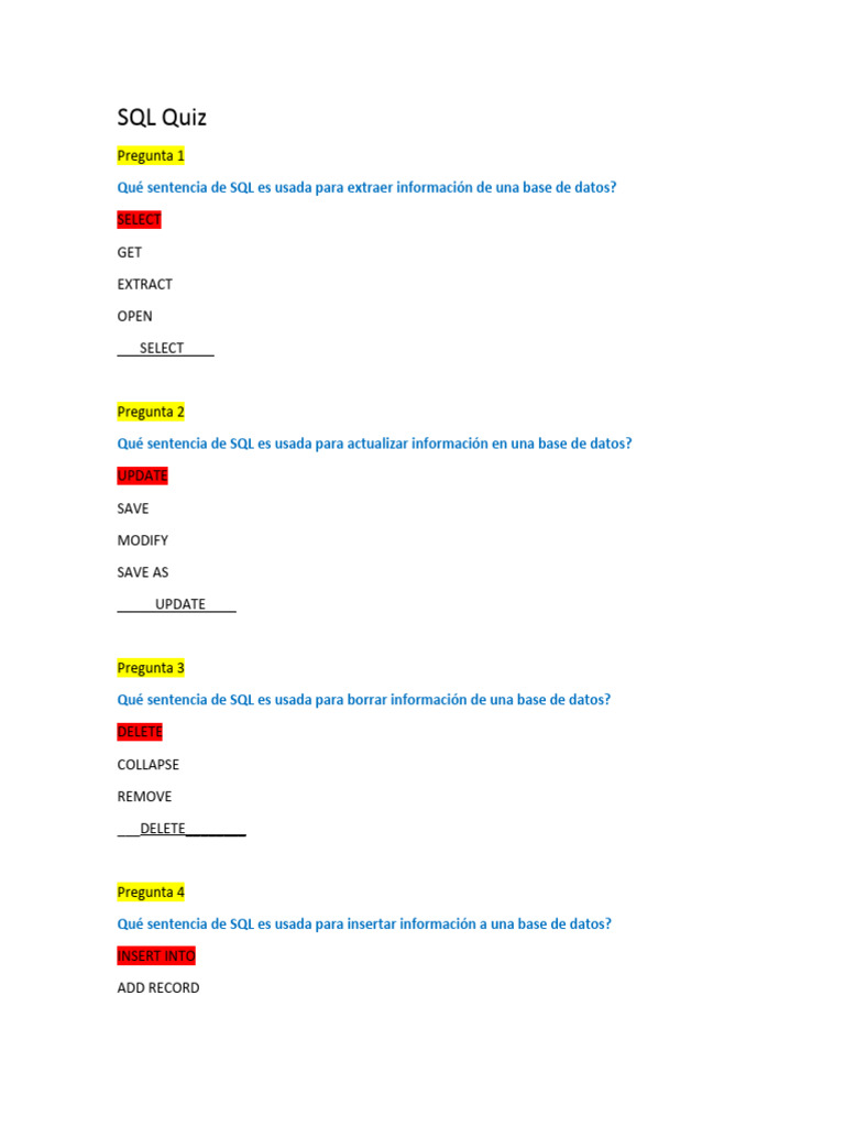 SQL Quiz | PDF | SQL | Bases de datos SQL Quiz | PDF | SQL | Bases de datos