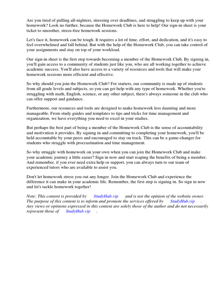 Homework Club Sign in Sheet | Download Free PDF | Homework | Classroom