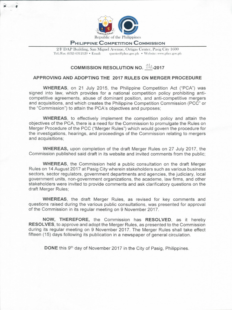 PCC MERGER PROCEDURE RULES Commission Resolution 1 | PDF