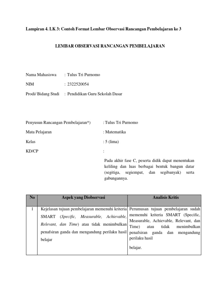 LK 3 Lembar Obasevasi RPP Pada Pembelajaran Ke-3 Kelas 5 (Tulus Tri Purnomo | PDF