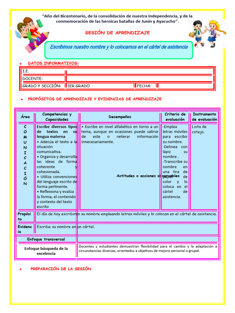 Sesion de Com - Escribimos Nuestro Nombre y Lo Colocamos en El Cartel de Asistencia. | PDF ...