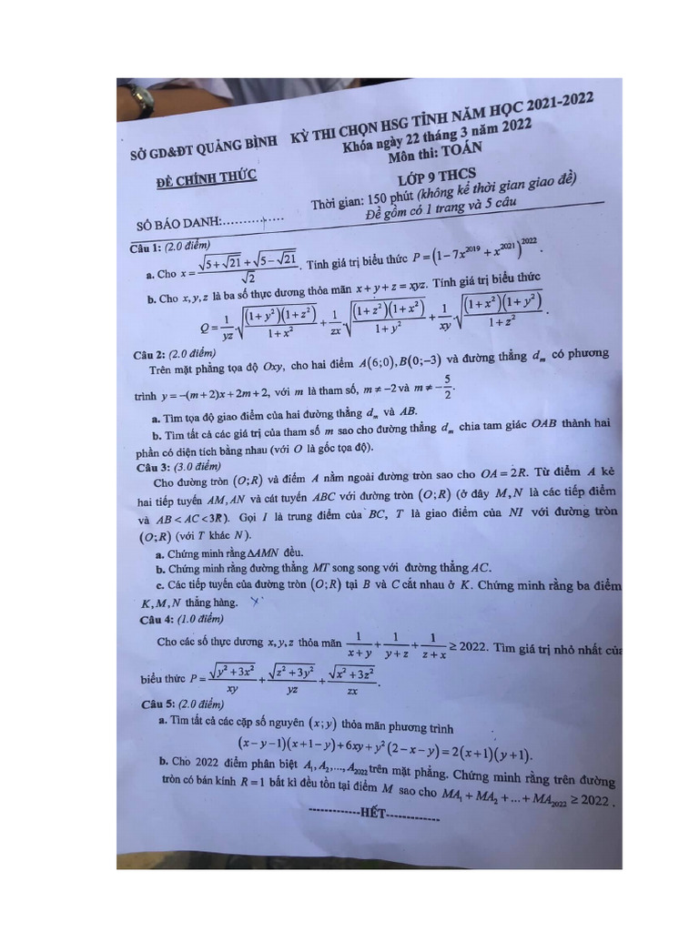 De Thi HSG Toan 9 Cap Tinh 21-22 | PDF