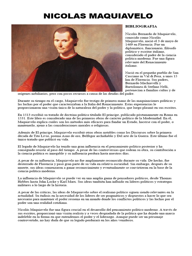 Biografía de Nicolás Maquiavelo | PDF | Nicolás Maquiavelo | Educación ...
