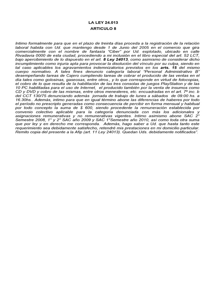 Ley 24013 - Modelo de Telegramas y Planilla | PDF | Daños y perjuicios ...