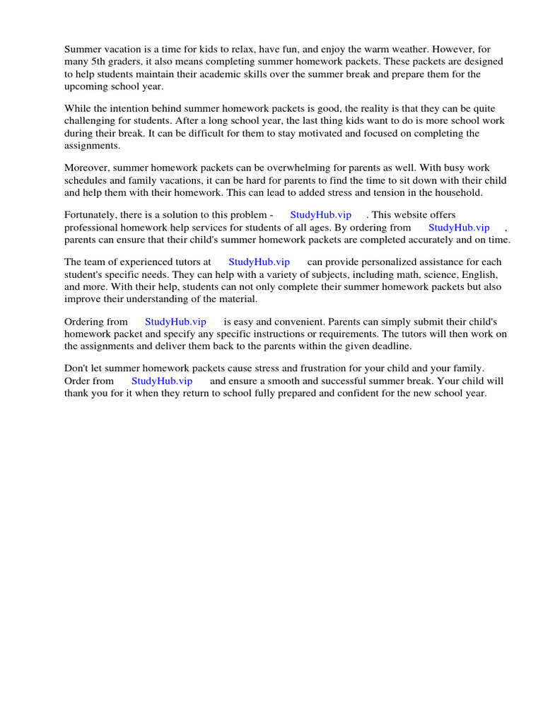 Summer Homework Packets For 5th Graders | PDF | Homework | Learning