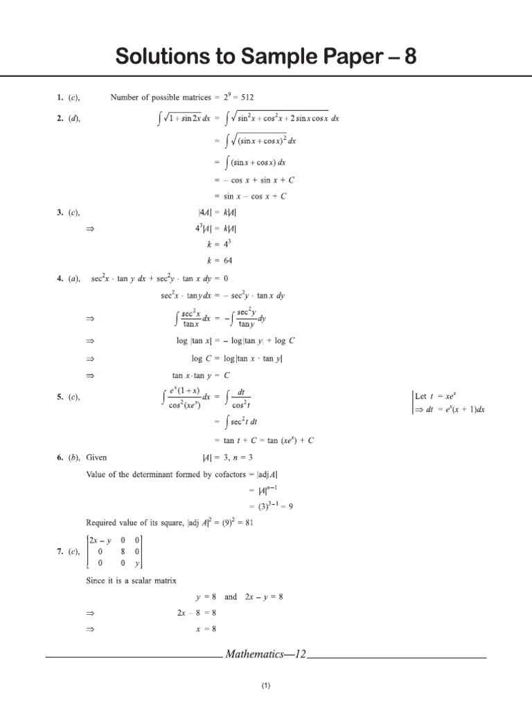 Cbse Cl12 Ead Mathematics Solutions To Sample Paper 8 | PDF