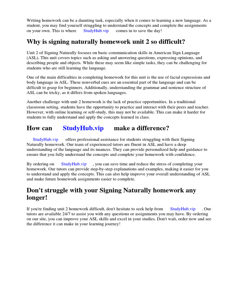Signing Naturally Homework Unit 2 | PDF | Telephone | American Sign ...