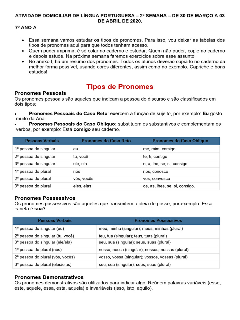 Tipos de Pronomes na Língua Portuguesa | PDF | Pronome | Plural