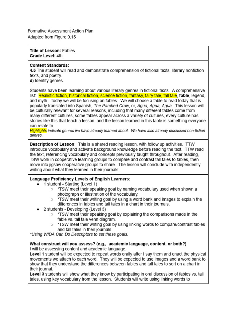 Formative Assessment Action Plan 1 | PDF | Vocabulary | Behavior ...