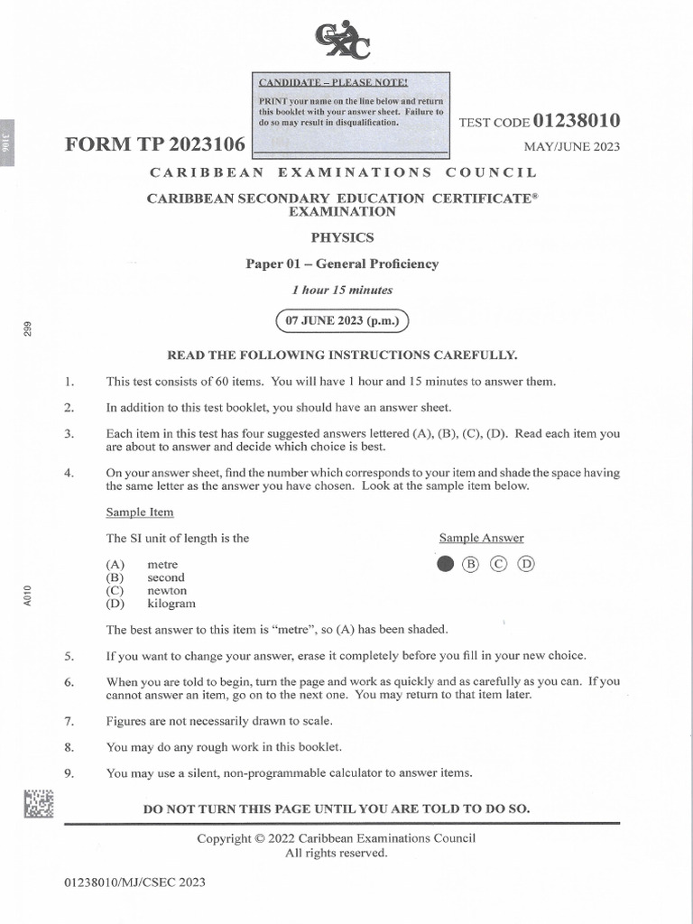 Csec Physics June 2023 P1 Pdf