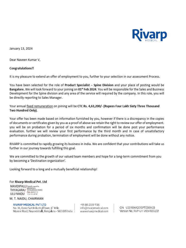 Naveen R Rivarp Offer Letter | PDF | Salary | Employment