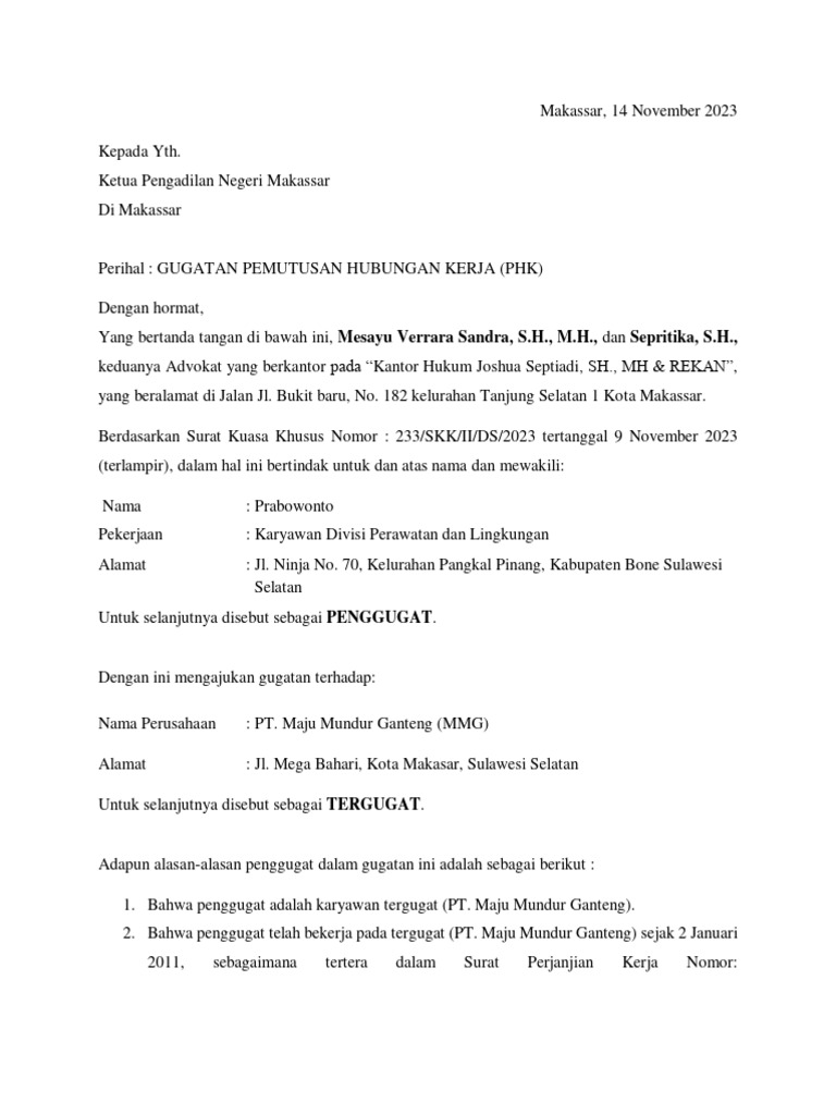 Contoh Surat Gugatan | PDF | Pengelolaan Keuangan & Uang | Hukum