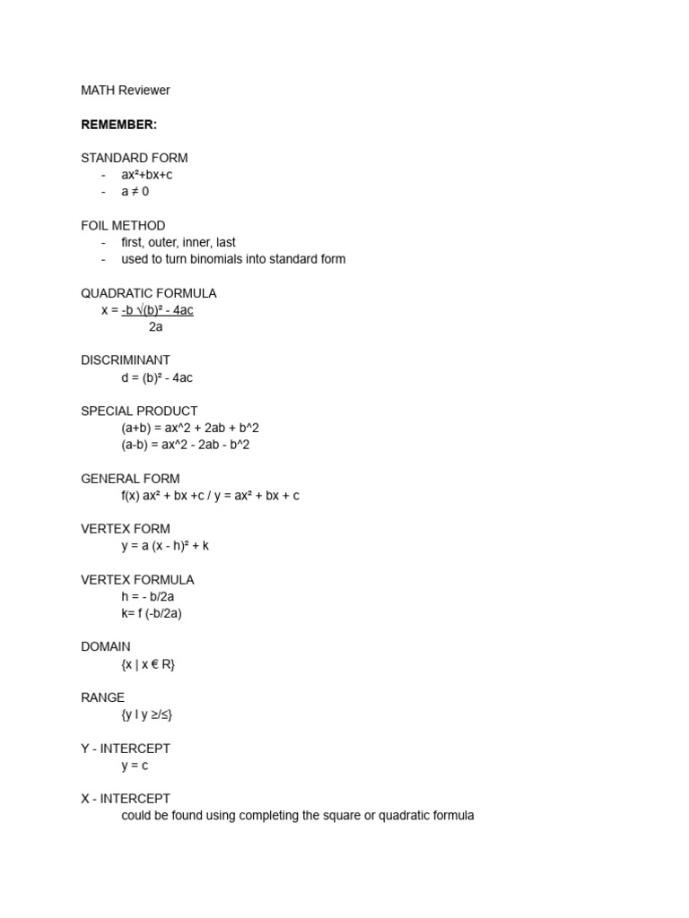 MATH Reviewer | PDF | Quadratic Equation | Equations