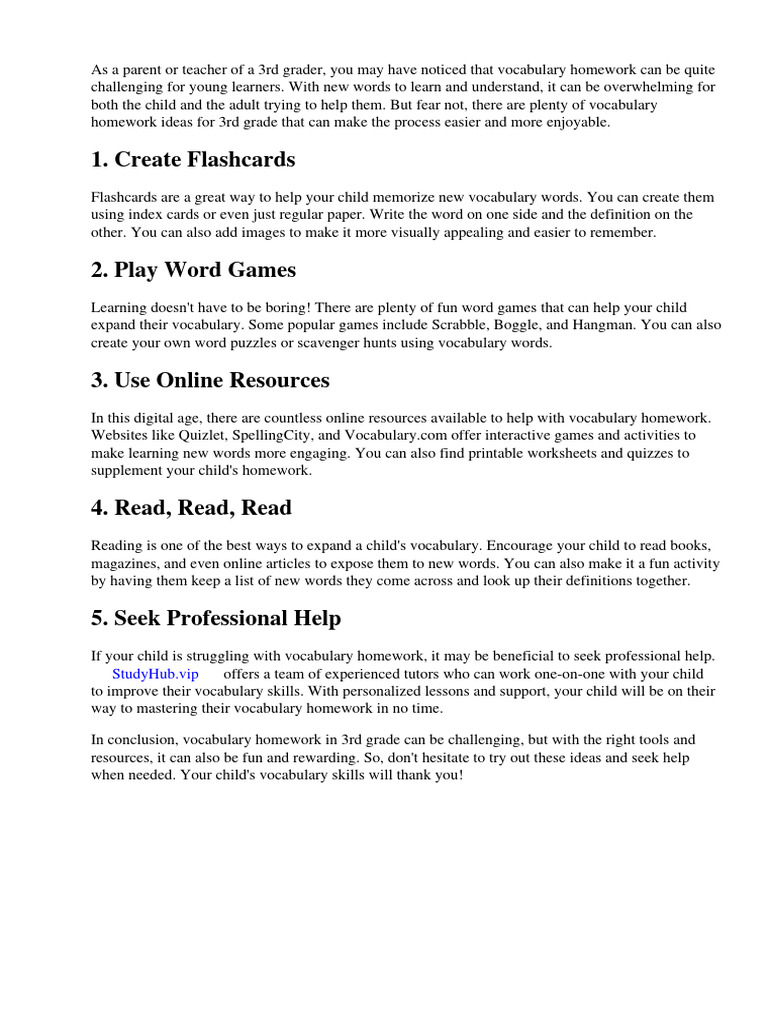 Vocabulary Homework Ideas 3rd Grade | PDF | Worksheet | Vocabulary
