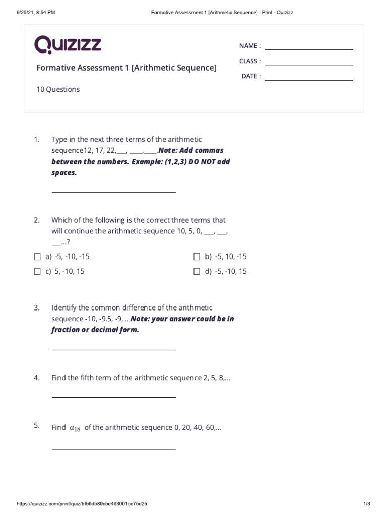 MTA Review 1 (Arithmetic Sequence) | PDF | Arithmetic | Elementary ...