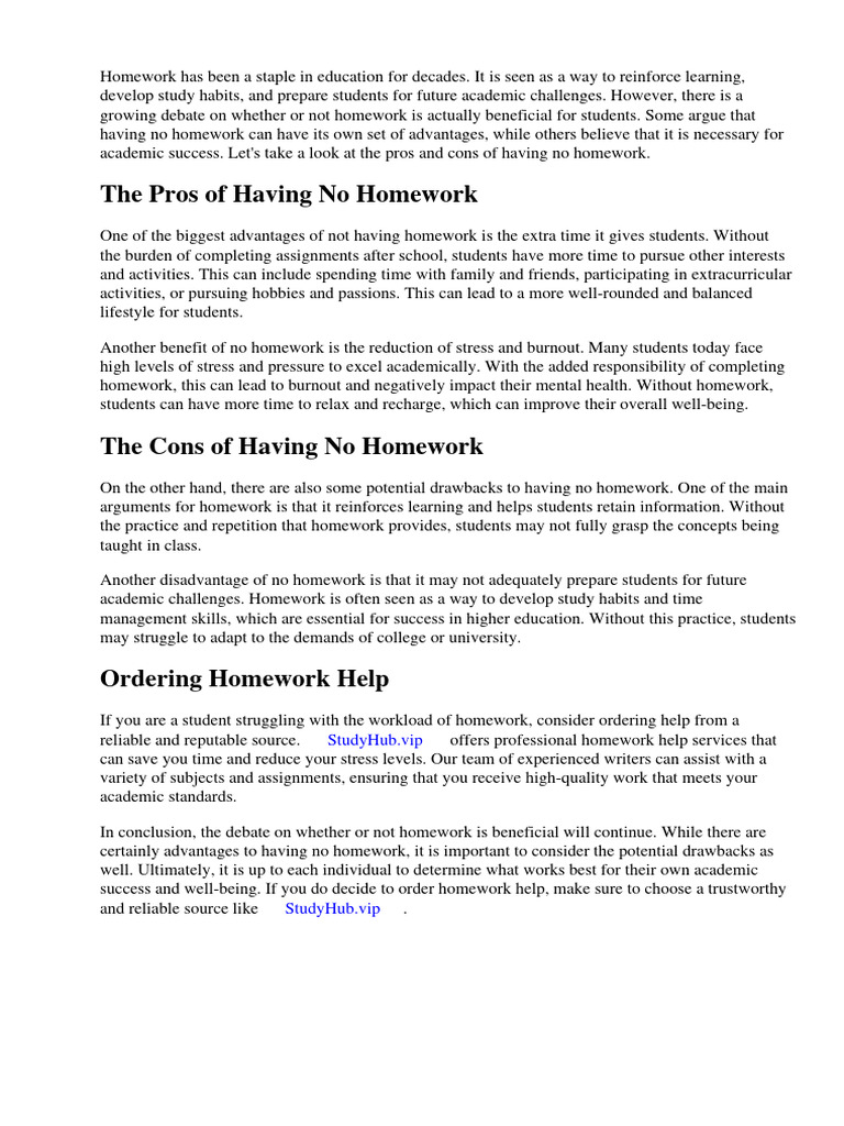 Pros and Cons of Having No Homework | PDF | Homework | Teachers