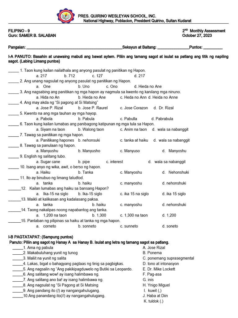 G9 EXAM 2nd MQ | PDF