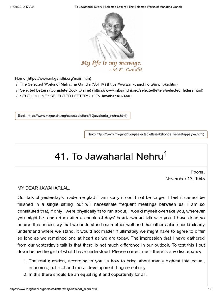 To Jawaharlal Nehru - Selected Letters - The Selected Works of Mahatma ...