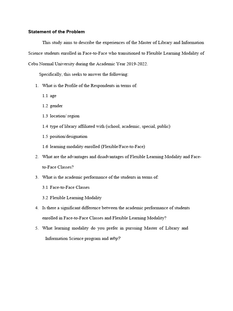 Statement of The Problem and Questionnaire | PDF | Learning | Librarian