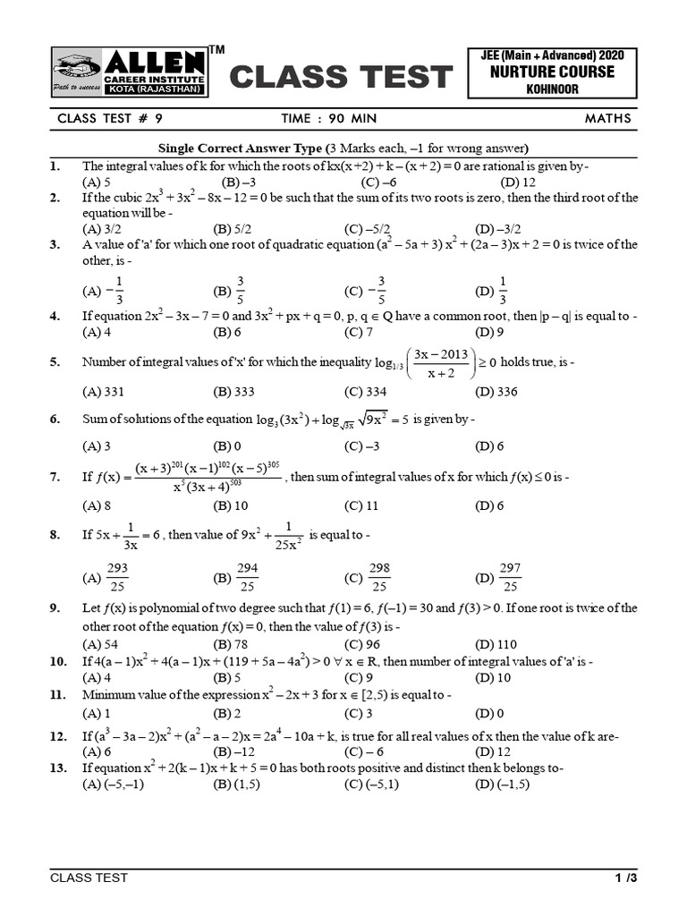 Class Test - 9 QE | PDF | Zero Of A Function | Equations