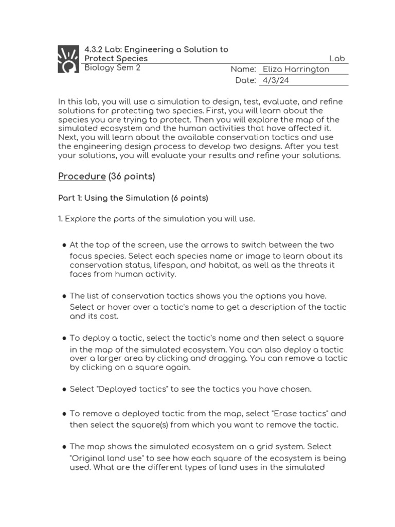4.3.2 Lab - Engineering A Solution To Protect Species (Lab) | PDF | Conservation Biology