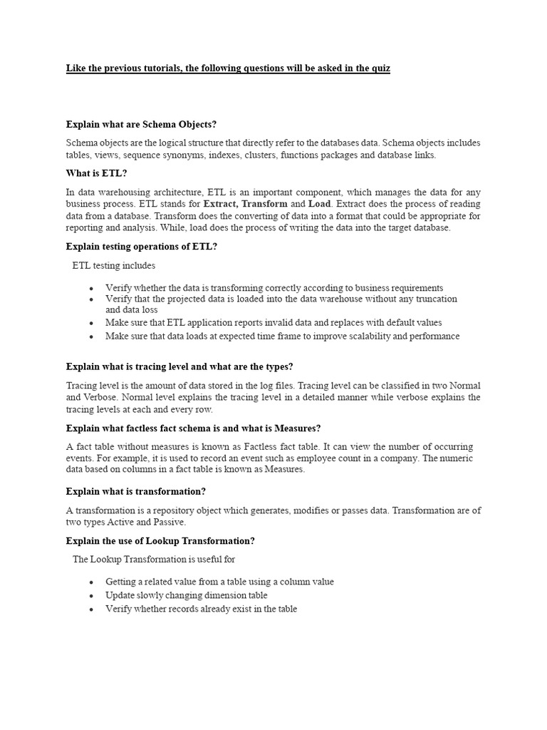 ETL Concepts and Schema Objects Explained | PDF | Data Warehouse ...