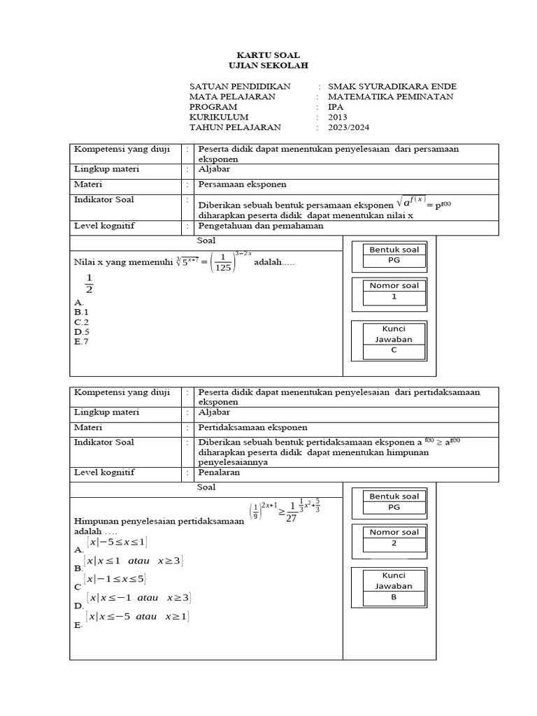 Kartu Soal Matik Minat 2024 | PDF