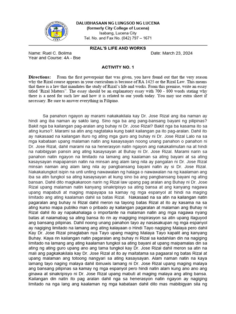Rizal Activity No. 1 BOLIMA RUEL | PDF