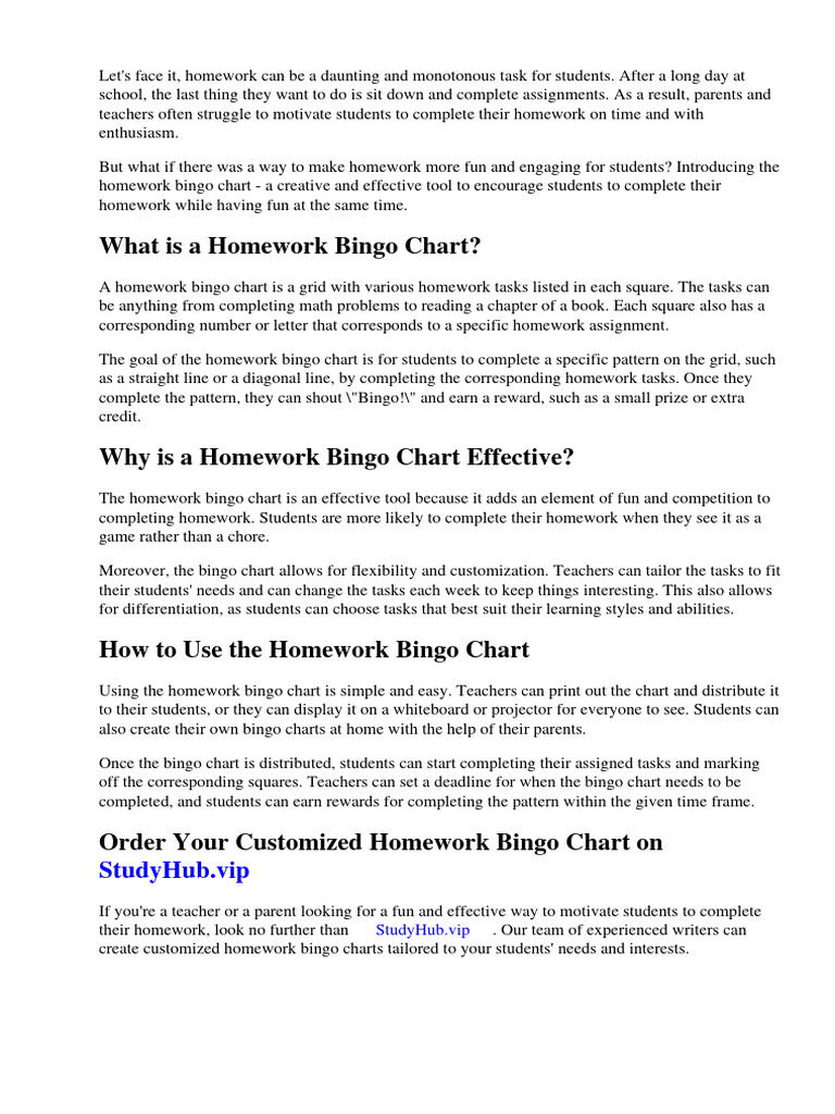 Homework Bingo Chart | PDF | Homework | Safari (Web Browser)