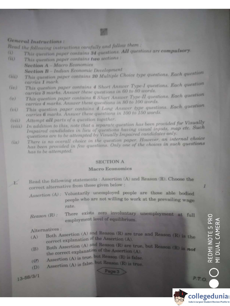 Cbse Class 12 Economics Question Paper 2024 Set 1 58 3 1