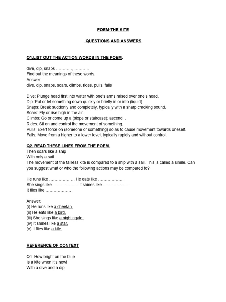 Qs& ans POEM -THE KITE | PDF