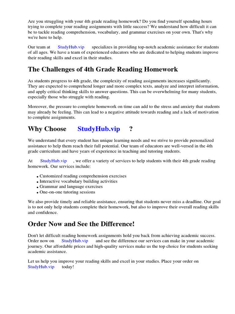 4th Grade Reading Help | PDF | Homework | Reading Comprehension