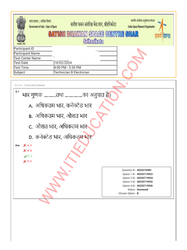 ISRO Technician Previous Year Question Paper | PDF