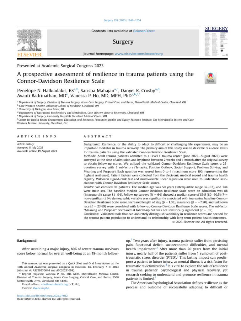 Halkiadakis - A prospective assessment of resilience in trauma patients ...