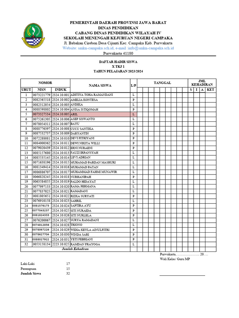 Daftar Hadir Siswa SMK Campaka 2023/2024 | PDF