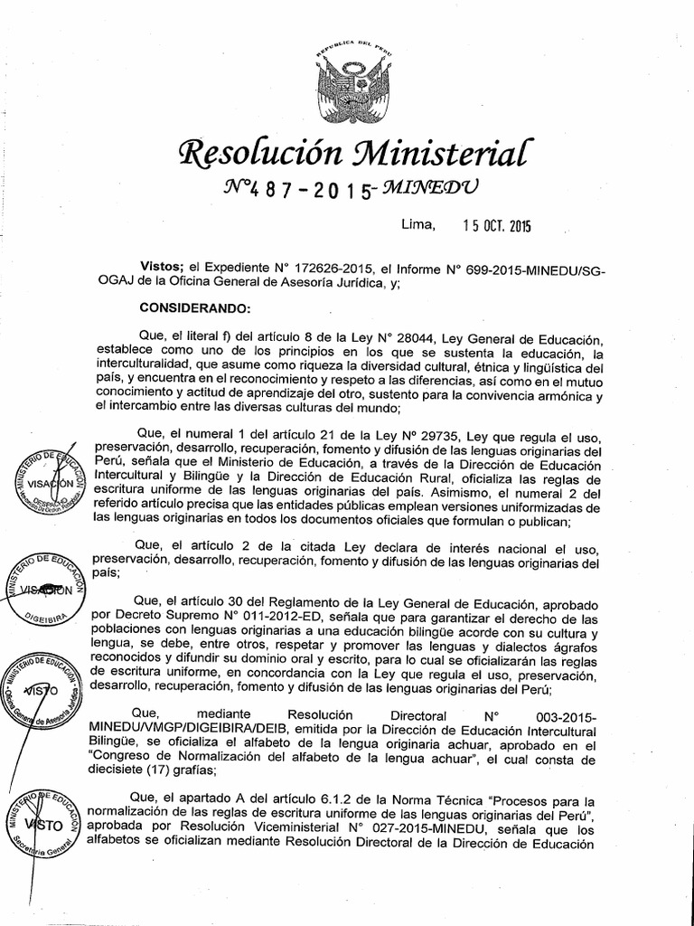 Achuar RM 487-2015-MINEDU - Original | PDF