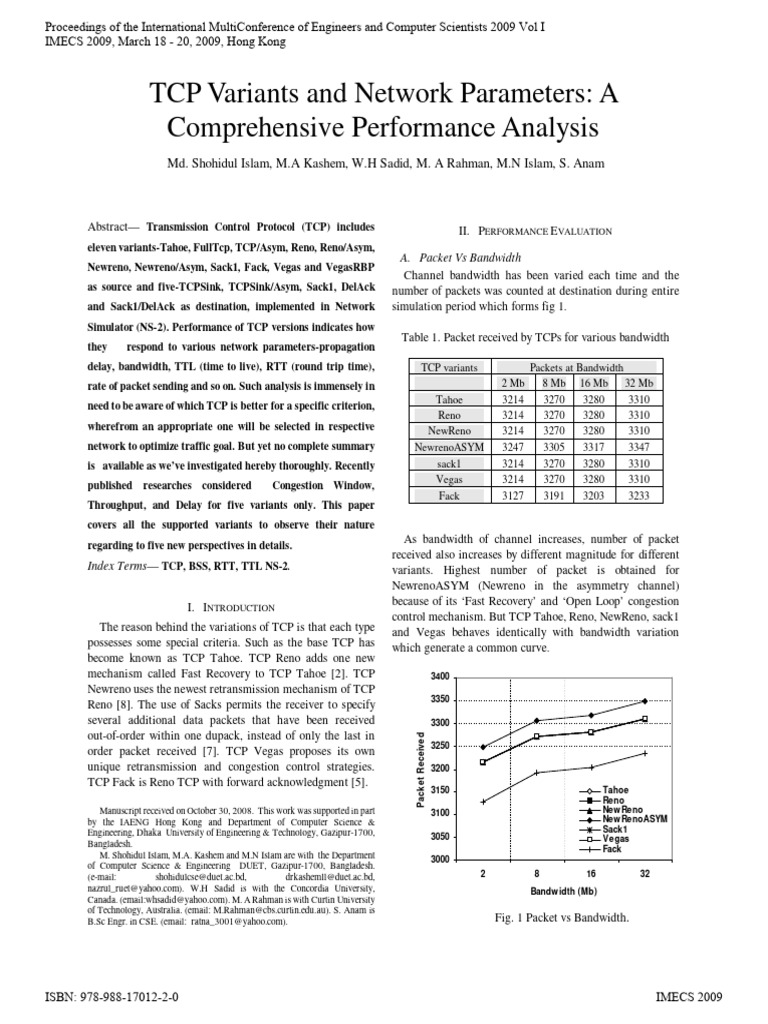 Tcp Variants And Network Parameters A Co Pdf Transmission Control Protocol Network Congestion