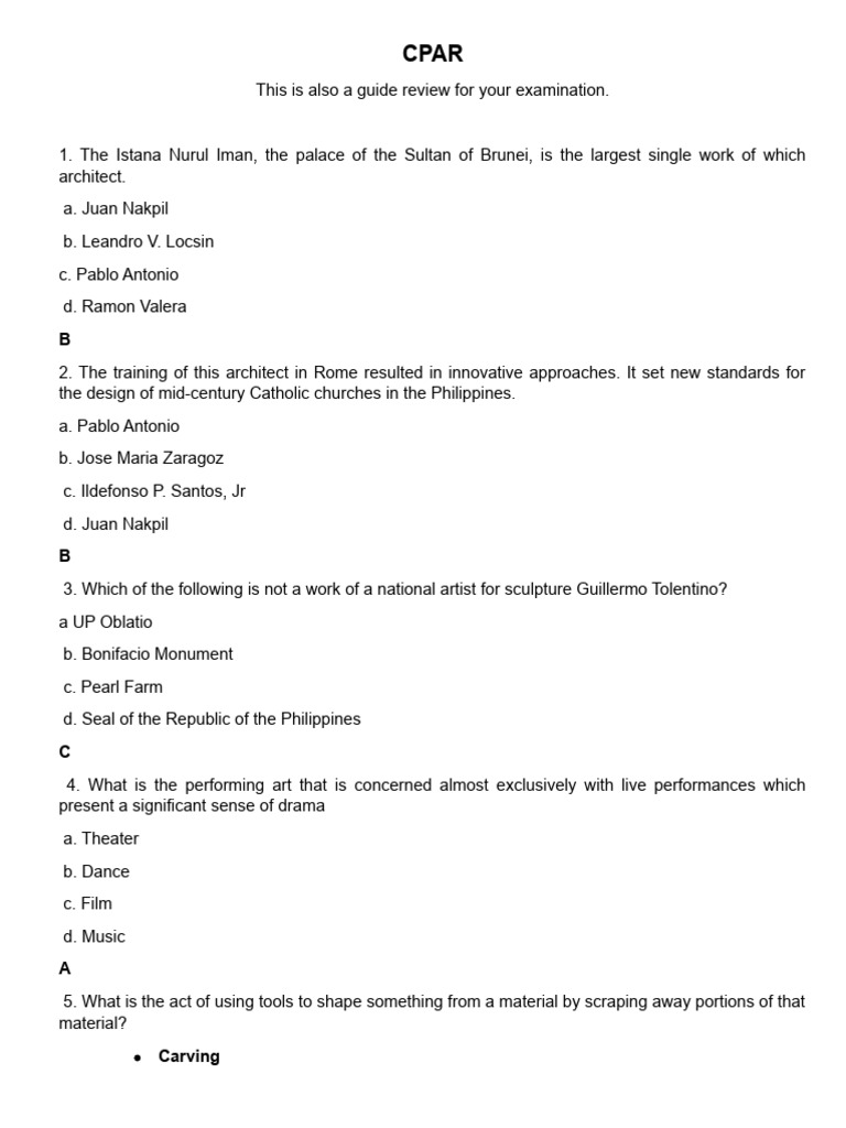 q2 Cpar Reviewer Change | PDF | Philippines | The Arts