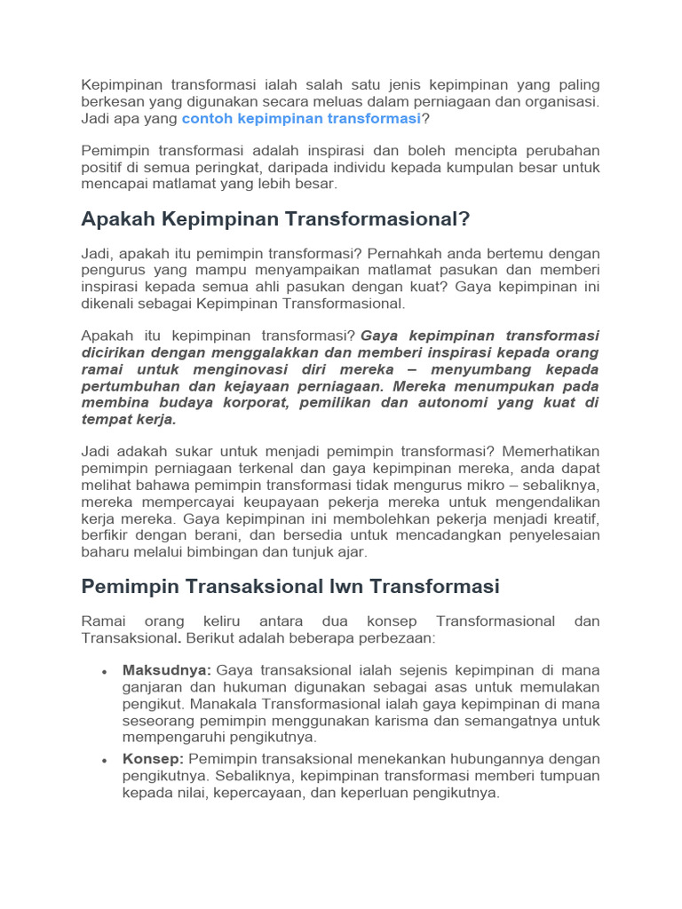 Jenis dan Contoh Kepimpinan Transformasi | PDF