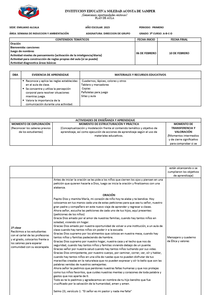 PLAN DE AULA 2023 semana de Ambientación | PDF | Amor | Aprendizaje