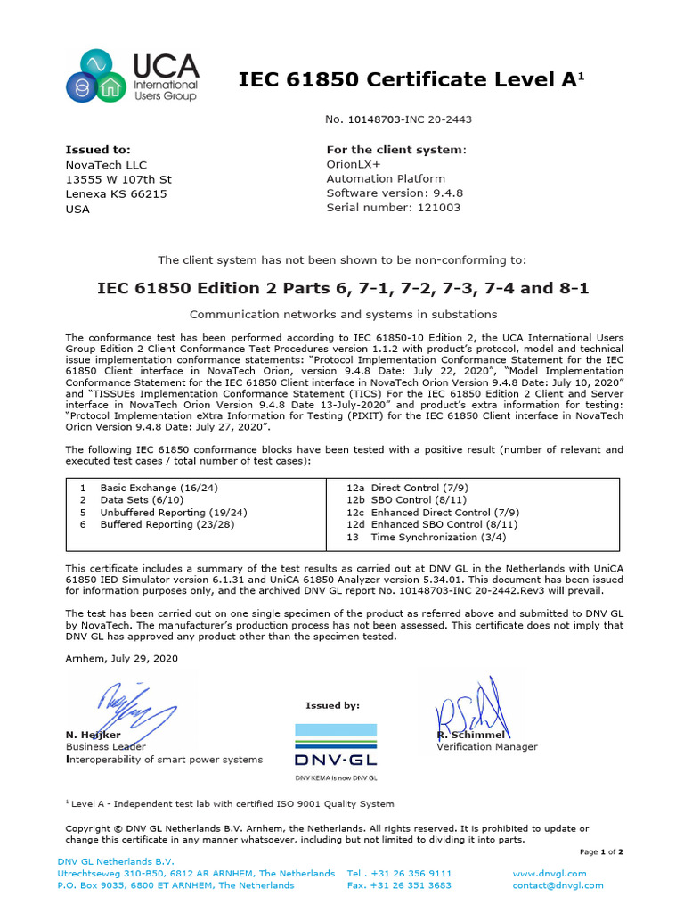 44 20-2443 DNV GL Novatech OrionLX+ ClientEd2 Certificate | PDF | Interface (Computing ...