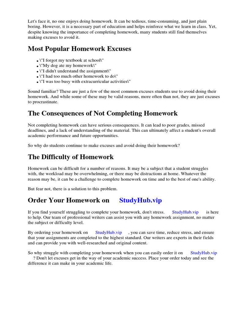 Most Popular Homework Excuses | PDF | Homework | Reason