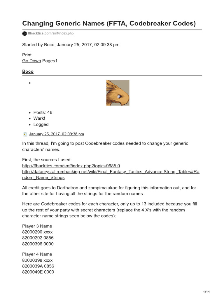 Changing Generic Names FFTA Codebreaker Codes | PDF