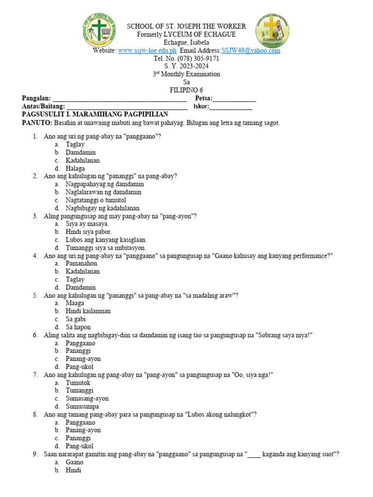 Grad6 3rd Mothly Exam Pluma | PDF