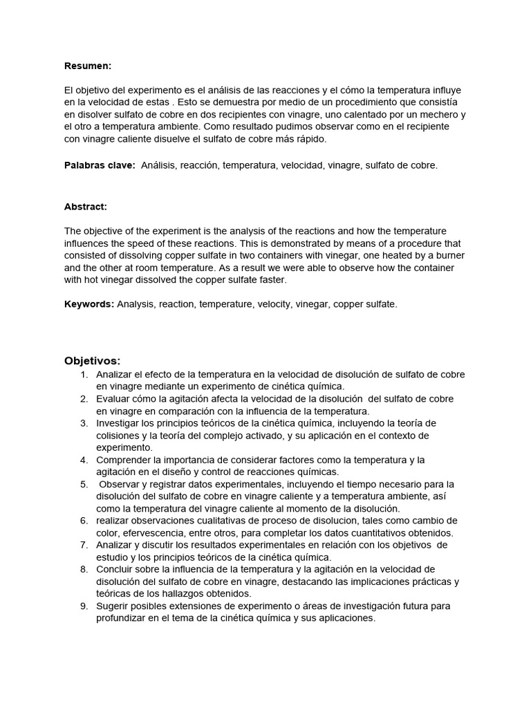 Informe de laboratorio | PDF | Reacciones químicas | Cinética química