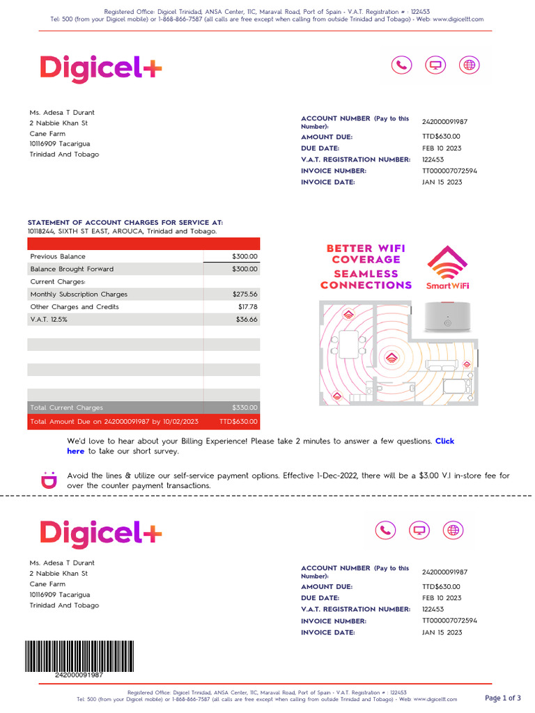 Digicel Trinidad Bill Statement | PDF | Value Added Tax | Fee