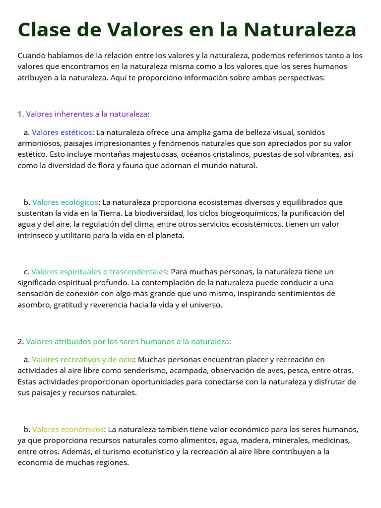 Clase de Valores en la Naturaleza | PDF | Naturaleza | Entorno natural