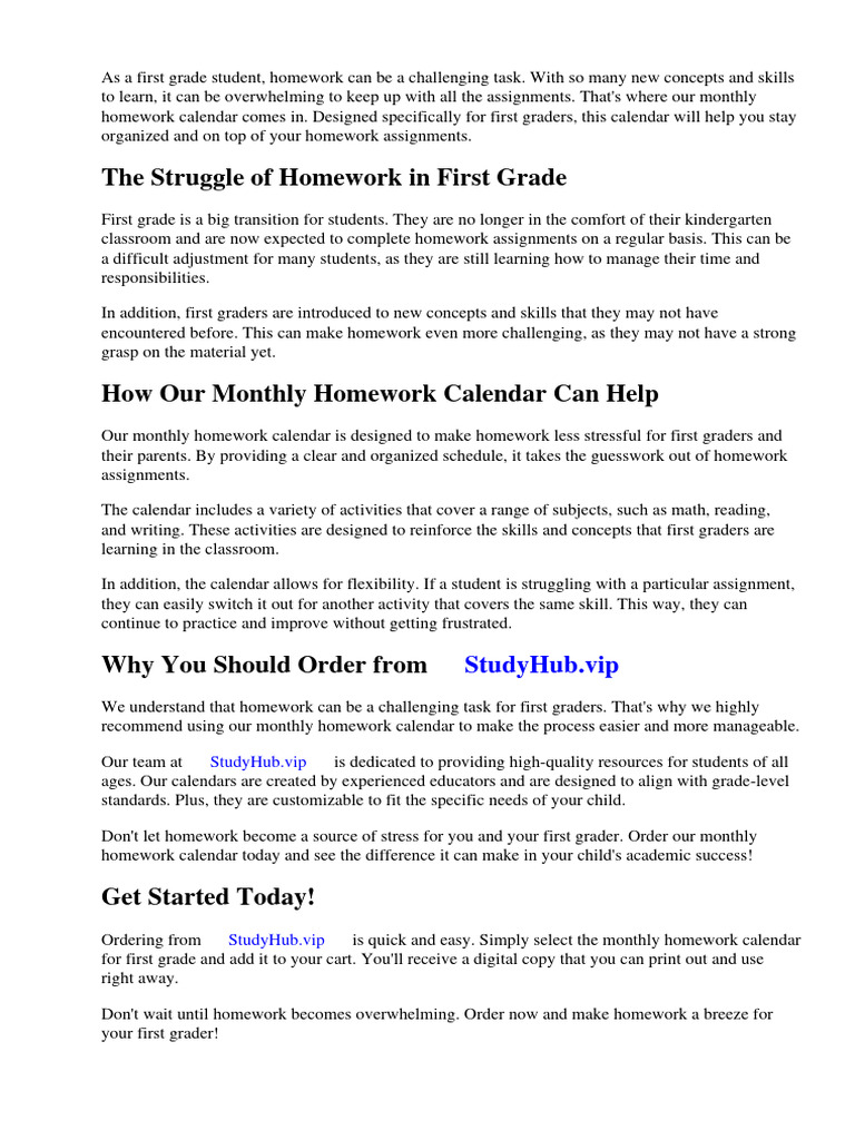 Monthly Homework Calendar For First Grade | PDF | Homework | Safari ...