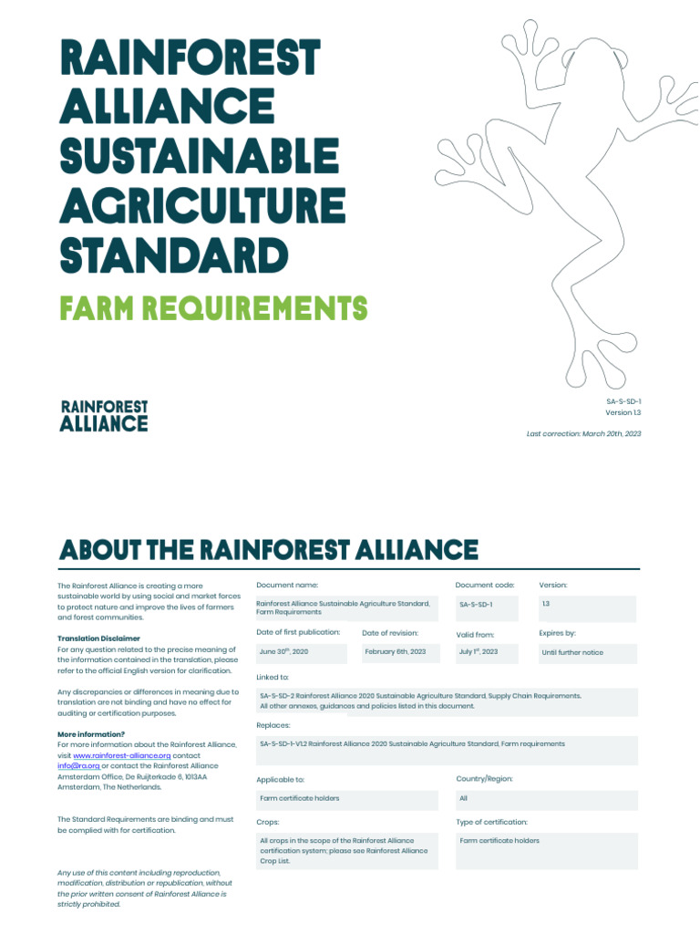 SA S SD 1 V1.3 2020 Sustainable Agriculture Standard Farm Requirements ...